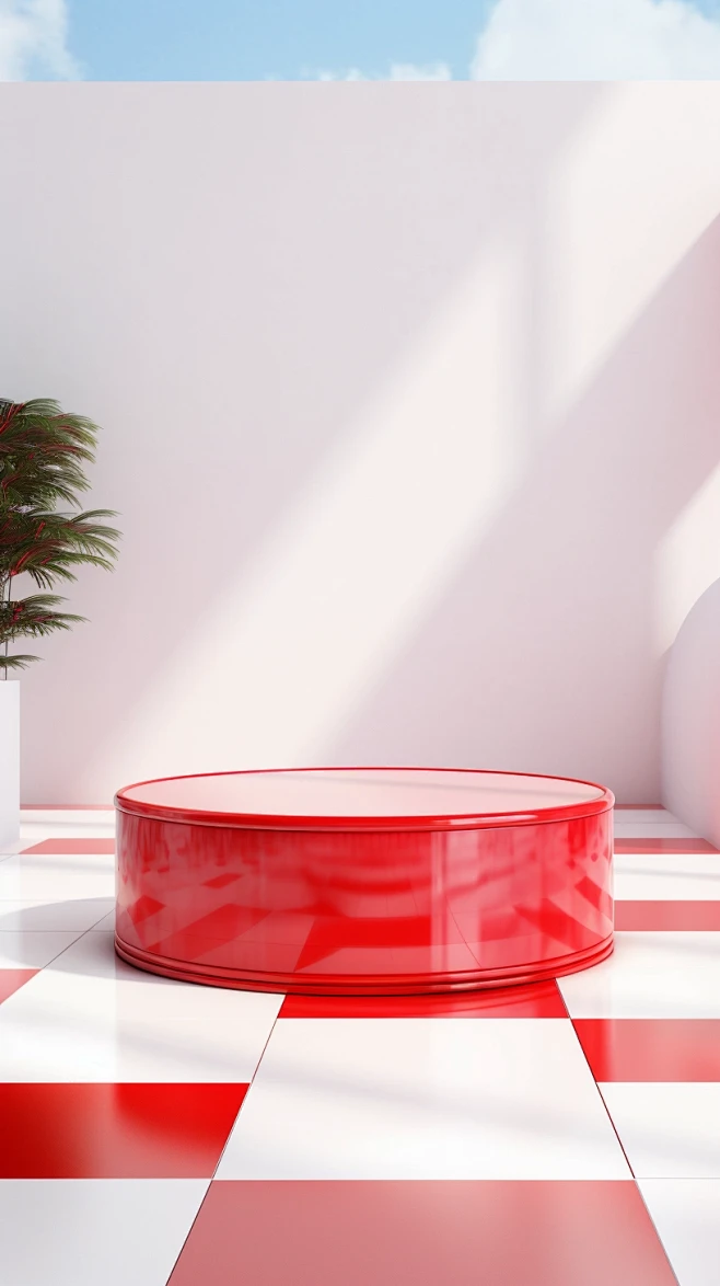 White and red podium with red and white checkerboard tiles ...