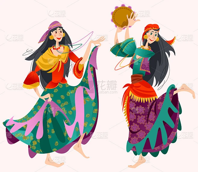 Romany dance. Two roma gypsy girls dancing. Tradit素材-花瓣网