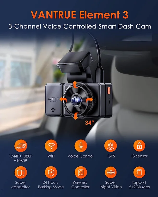 Amazon.com: Vantrue E3 3 Channel WiFi GPS Dash Cam, 2.5K+1080P Front ...
