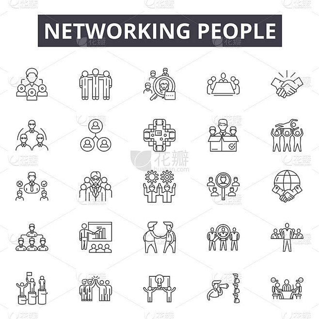 Networking people line icons, signs set, vector. N