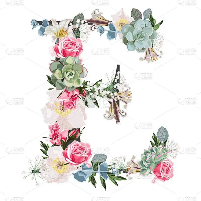 Watercolor style Floral Monogram Letter E with man素材-花瓣网
