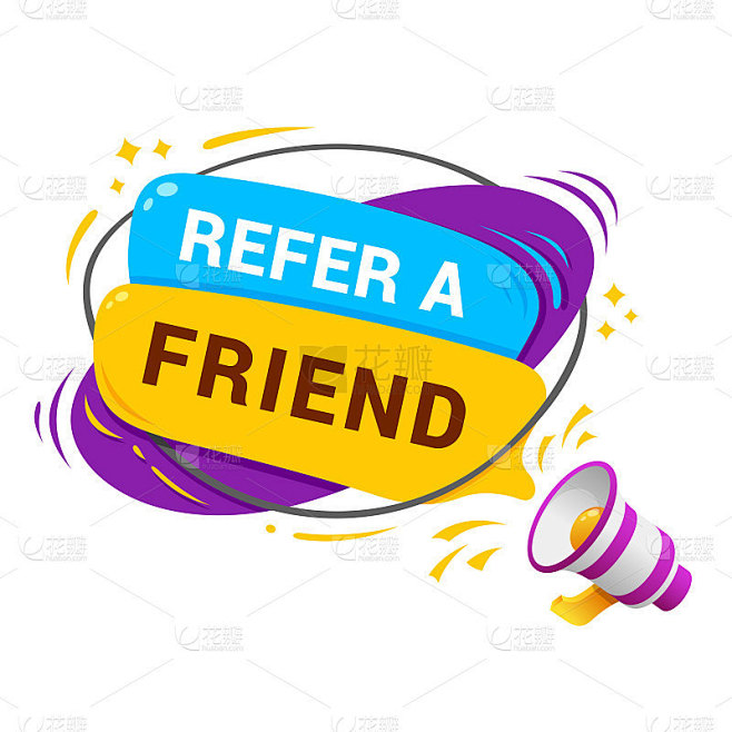 Refer a friend modern badge with loudspeaker. Affi
