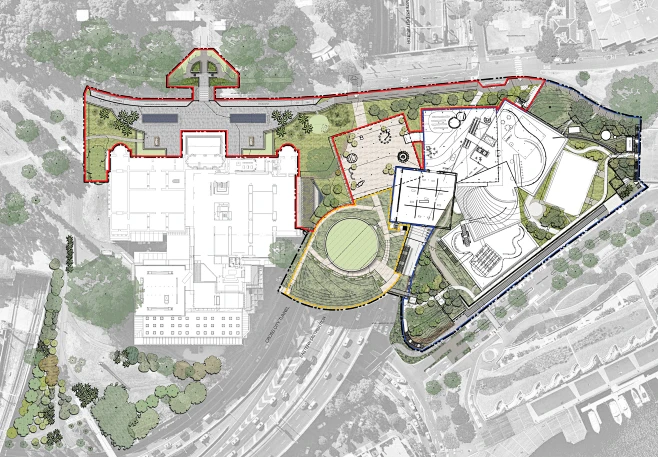 A detailed aerial site plan of a modern multi-building complex with ...