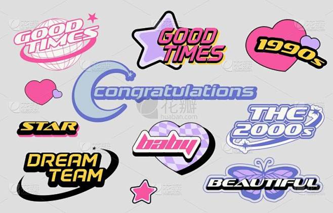 90年代流行风格和Y2k风格的物体设计，带有情调、星型、心型