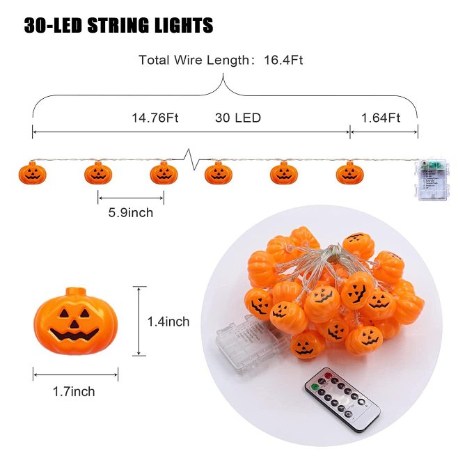 Halloween Pumpkin String Lights, 30 LED 16.4ft 8 Modes Timer 3D Waterproof Orange Jack-O-Lantern ...