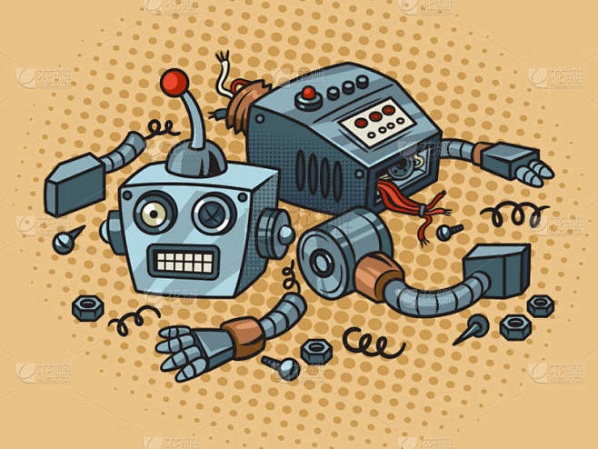 disassembled broken cartoon robot pop art retro ra