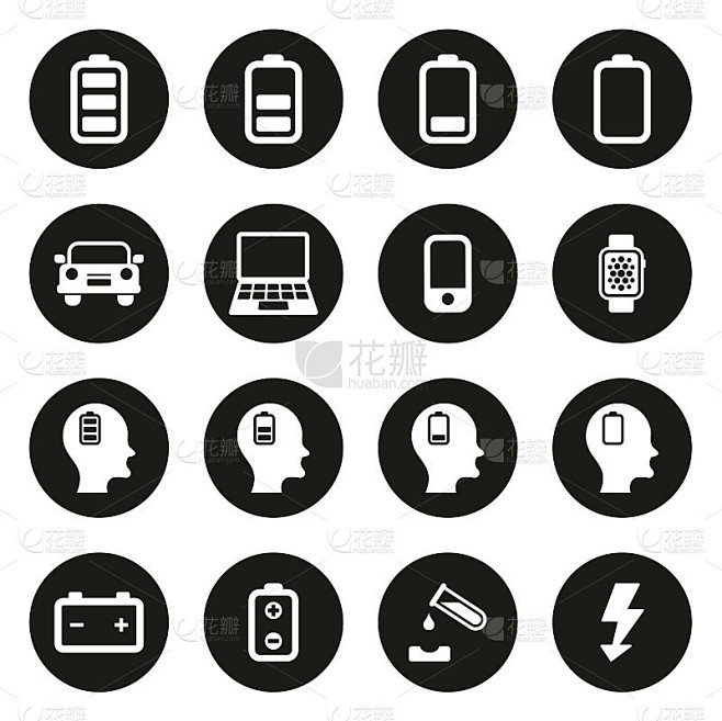 Battery or Power Icons White On Black Circle
