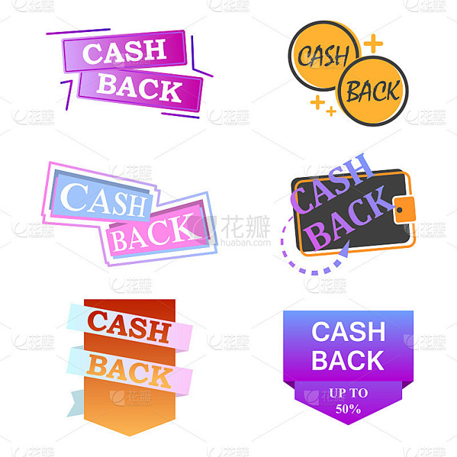 Multicolored cash back icon collection. Vector ill