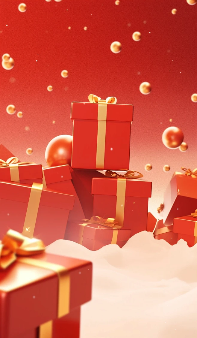 Red gift boxes with gold balls on the ground on an orange background ...