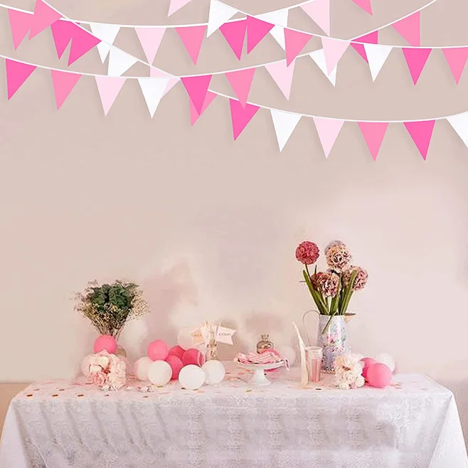 Amazon.com: 32Ft Rose Hot Pink Pennant Banner Fabric Triangle Flag ...