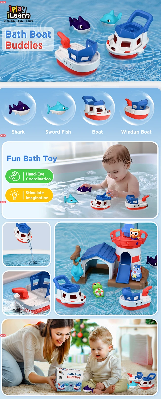 Amazon.com: iPlay, iLearn Toddler Boat Bath Toys, Baby Bathtub Shower ...