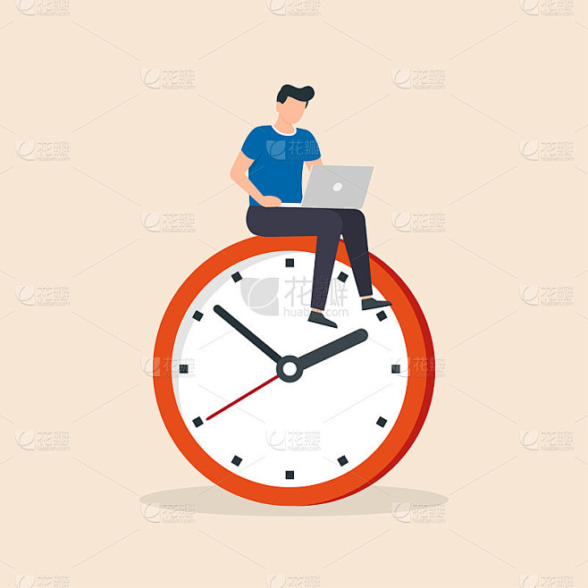 Man sitting on clock with a laptop. Time managemen
