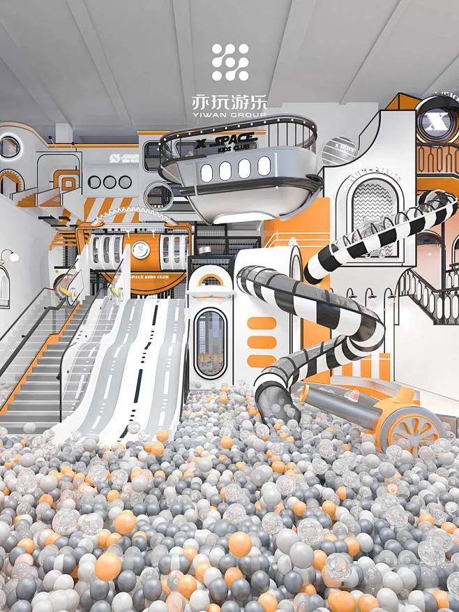 超大迷宫似的太空主题乐园，设计师最大程度地利用了整个上层空间，结合乐园动线设计以及新型游乐设备的玩法思考，搭建空中火车、动感滑梯未来科技感十足 ...