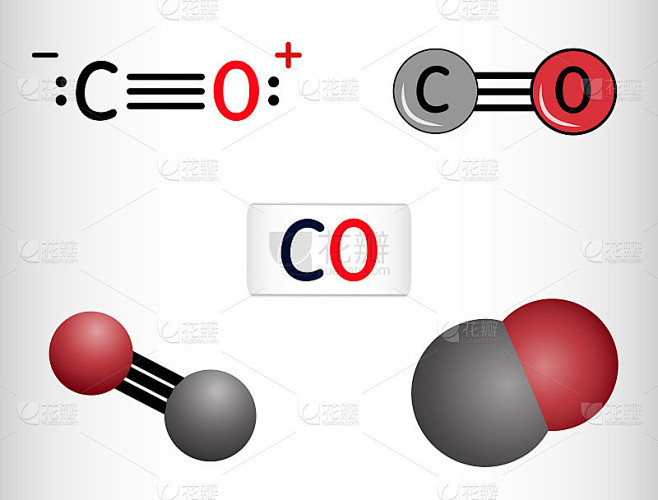 一氧化碳，一氧化碳分子。Сarbon和氧原子通过三键相连。结构化学式及分子模型