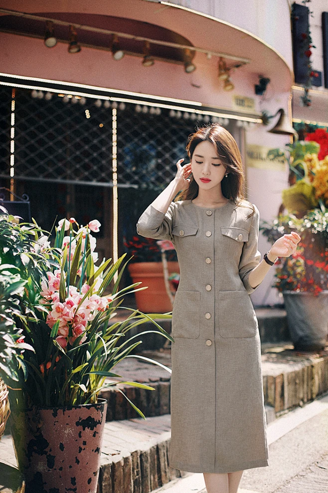 gold button tweed dress-花瓣网