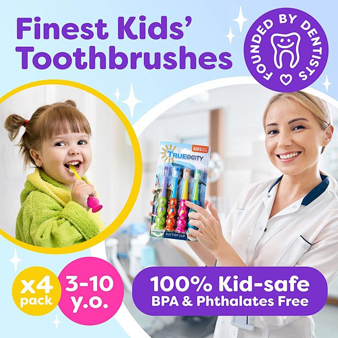 Amazon.com: Trueocity Kids Toothbrushes 4 Pack - Soft Contoured ...
