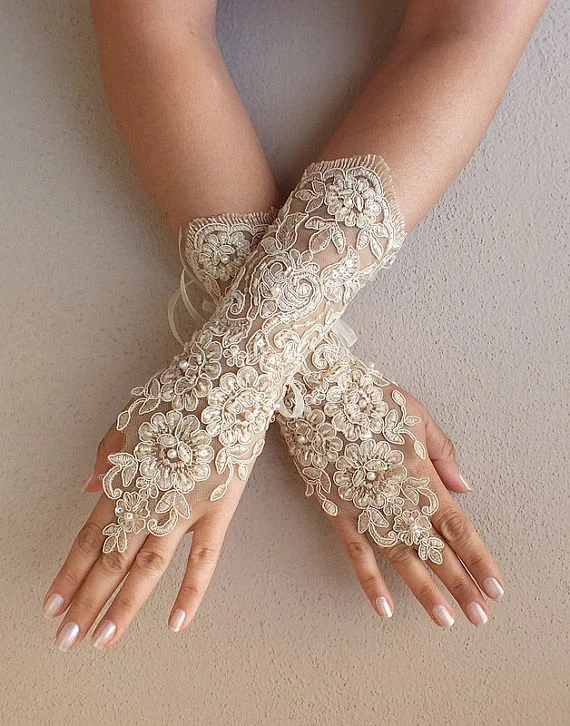 cappuccino Wedding gloves free ship bridal lace fingerless french lace ...