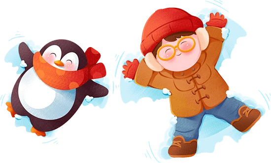 儿童冬令营手绘场景插画-与企鹅玩耍-花瓣网