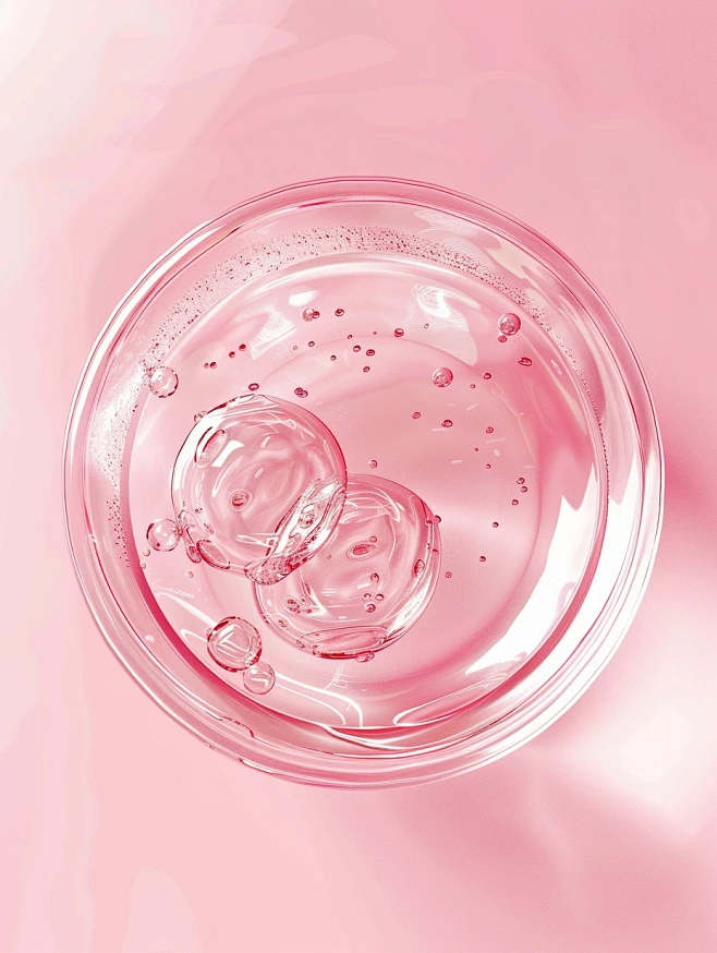 A pink circular transparent glass texture, filled with water and two ...