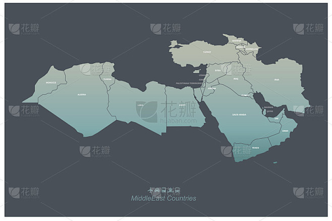 中东国家矢量地图。中东大陆地图