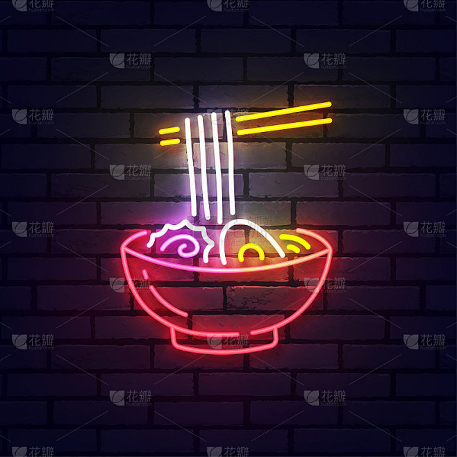拉面霓虹灯招牌，明亮的招牌，明亮的横幅。拉面标志霓虹灯，会徽。矢量图