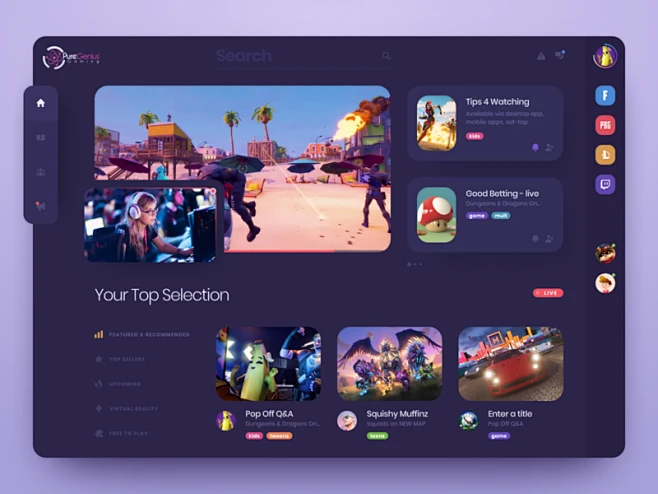 Game Dashboard video live ui design web interface application video ...