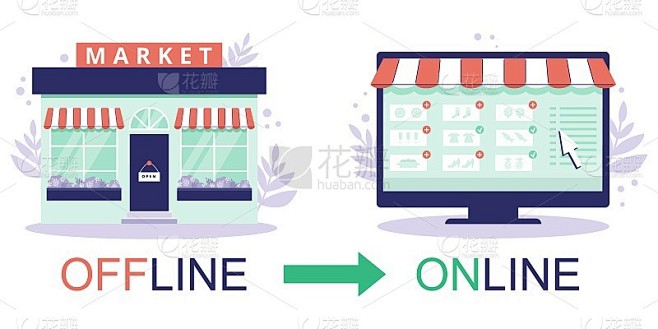 零售线下到线上或o2o店铺转换，平面矢量插图。素材-花瓣网