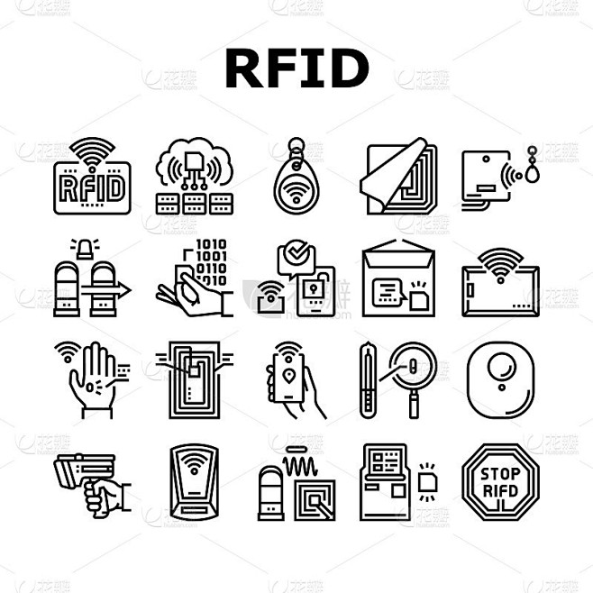 Rfid芯片技术收集图标设置矢量