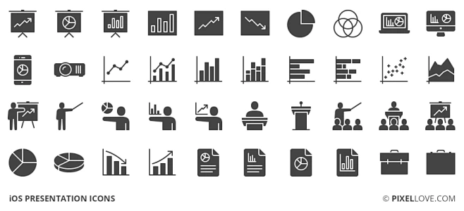 A set of iOS tab bar icons, toolbar icons and 3d touch icons of presentations, presenters ...