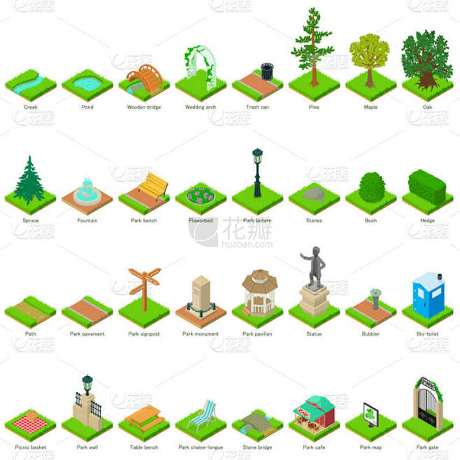 公园自然元素图标集, 等距样式