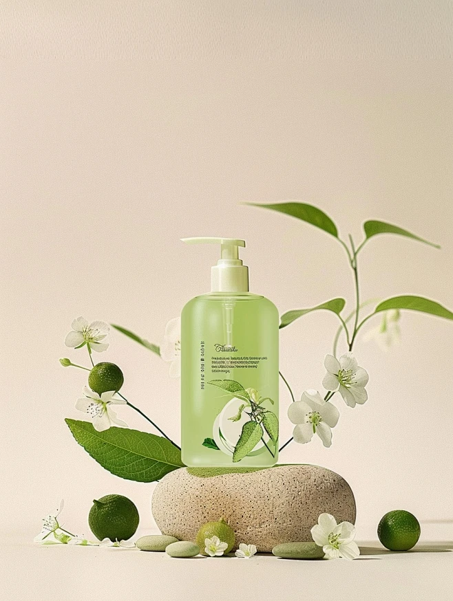 A bottle of green body wash stands on top, surrounded by white flowers ...