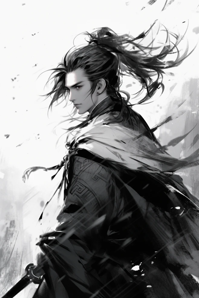 古风少年水墨武侠剑客插画-花瓣网