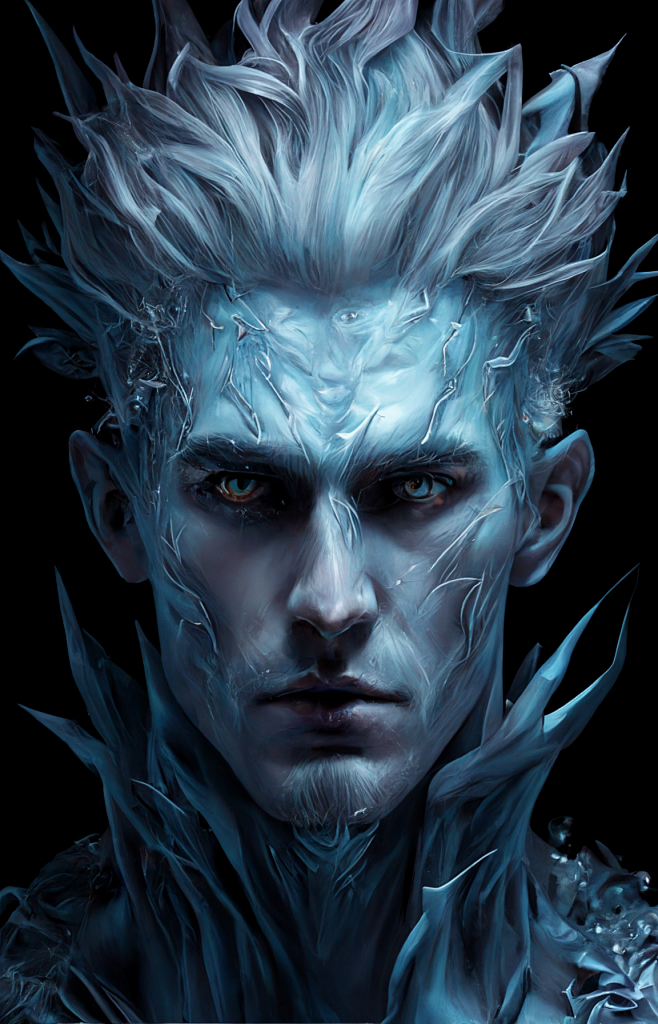 A humanoid ice man, masculine, blue hair, spiky hair, blue eyes, icy ...