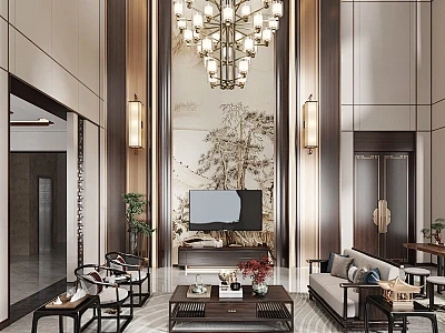 新中式复式客厅3D模型-花瓣网