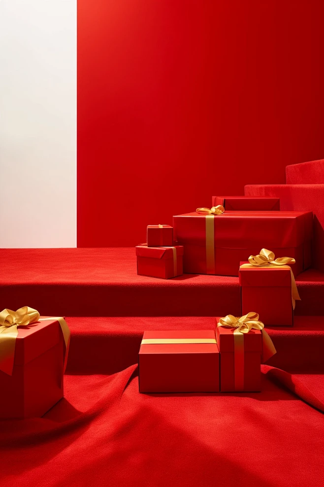 Gift boxes are sitting on red carpet with gold ribbon, in the style of ...