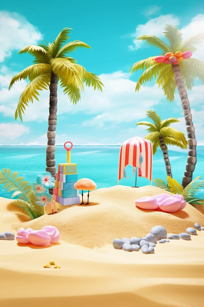 3d render of tropical holiday on beach background, in the style of ...