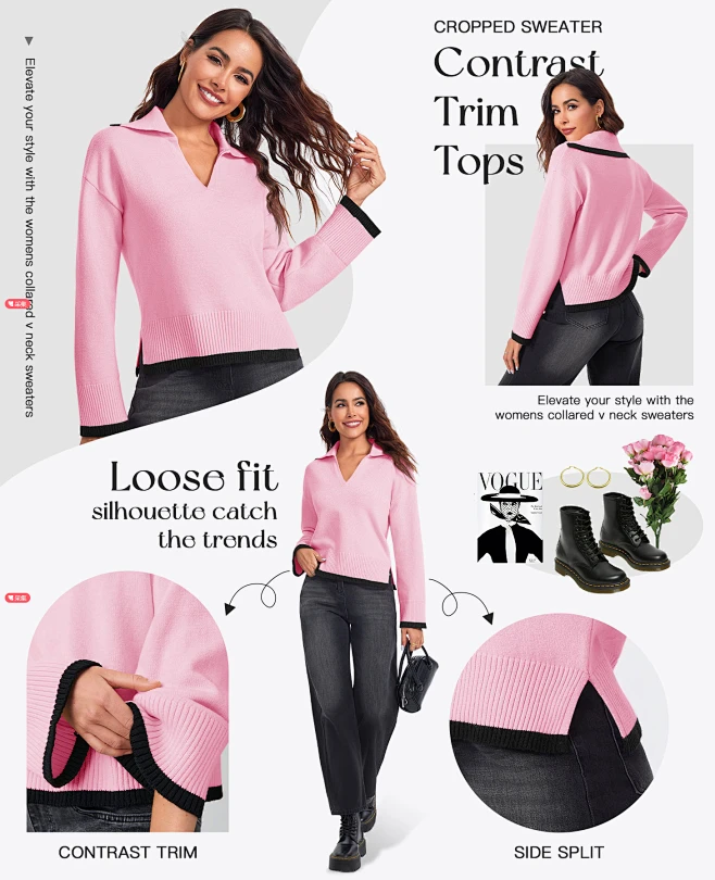 Saodimallsu Womens V Neck Cropped Sweater Collared Colorblock Long ...