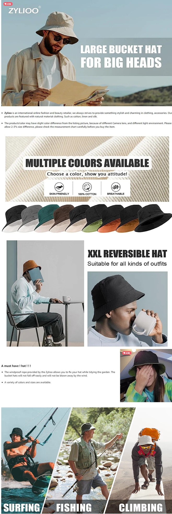 Zylioo XXL Bucket Sun Hats Cap Big Double Side Hat Large Reversible ...