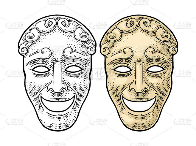 喜剧戏剧面具。矢量雕刻复古的彩色插图。