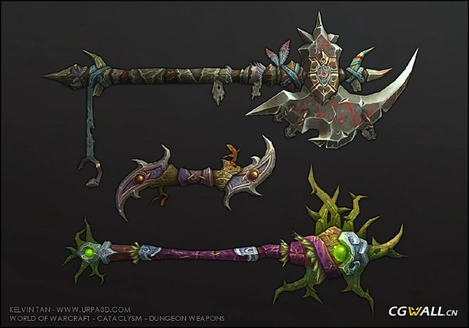 Cataclysm游戏武器设计原画，战斧，巫师武器，植物法杖，短刀-花瓣网