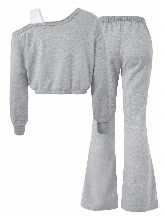 SHEIN 2 Pieces Set Tween Girls Asymmetrical Shoulder Gray Crop Top And ...