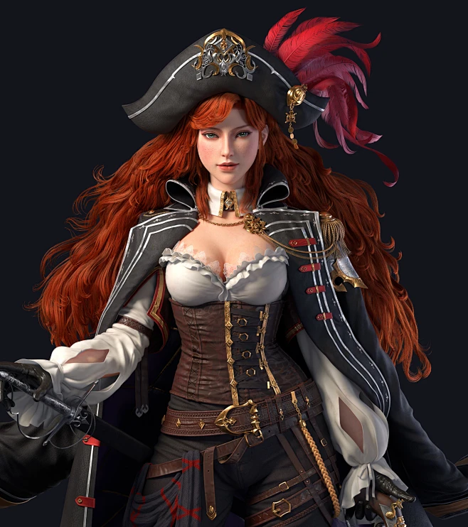 女海盗/Pirate, JunCheng Wu : 大家好，这是我最近学习完成的一个女海盗角色。参考了原画师Muel Kim的角色设计，我尽力还原角色的感觉。希望大家能够喜欢。https ...