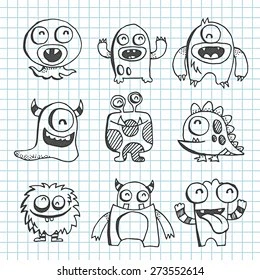 A vector illustration of monster creatures in line art scribble drawing ...