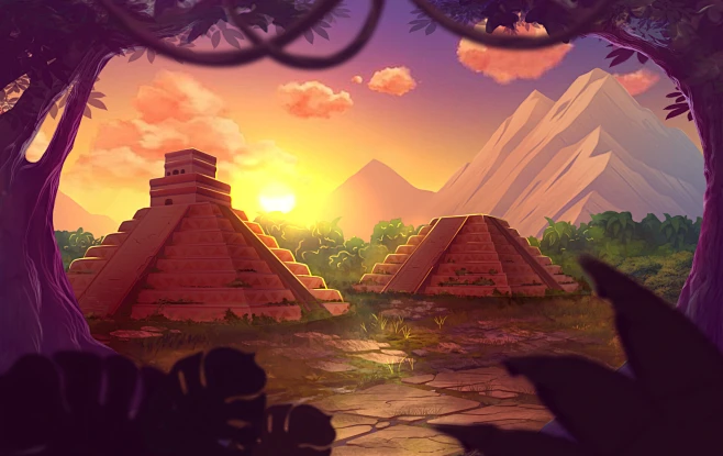 Aztec landscape. Slot game background-花瓣网