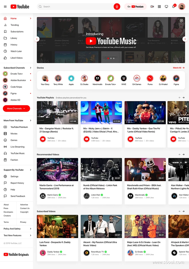 YouTube首页重新设计挑战UI设计作品按钮/表单首页素材资源模板下载-花瓣网