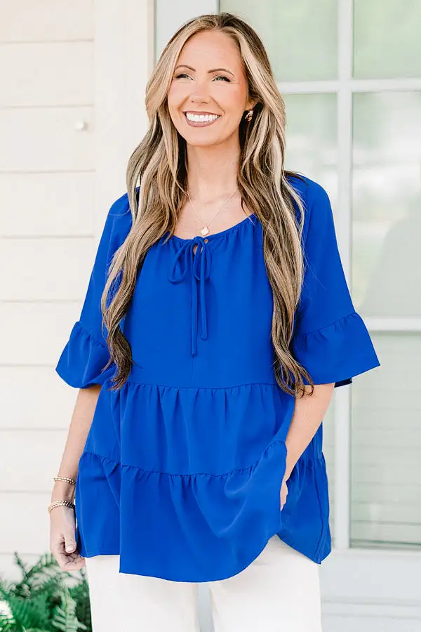 Chic Soul plus size clothing, short-ruffled-sleeve royal blue ruffled baby doll top with a scoop ...