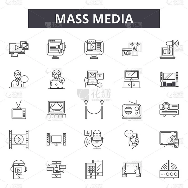 Mass media line icons, signs set, vector. Mass med素材-花瓣网