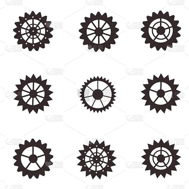 Nine different gears. Vector image on a white back
