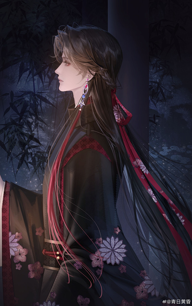 古风动漫美少年 侧身 竹景 美男帅哥 二次元手绘 插画漫画