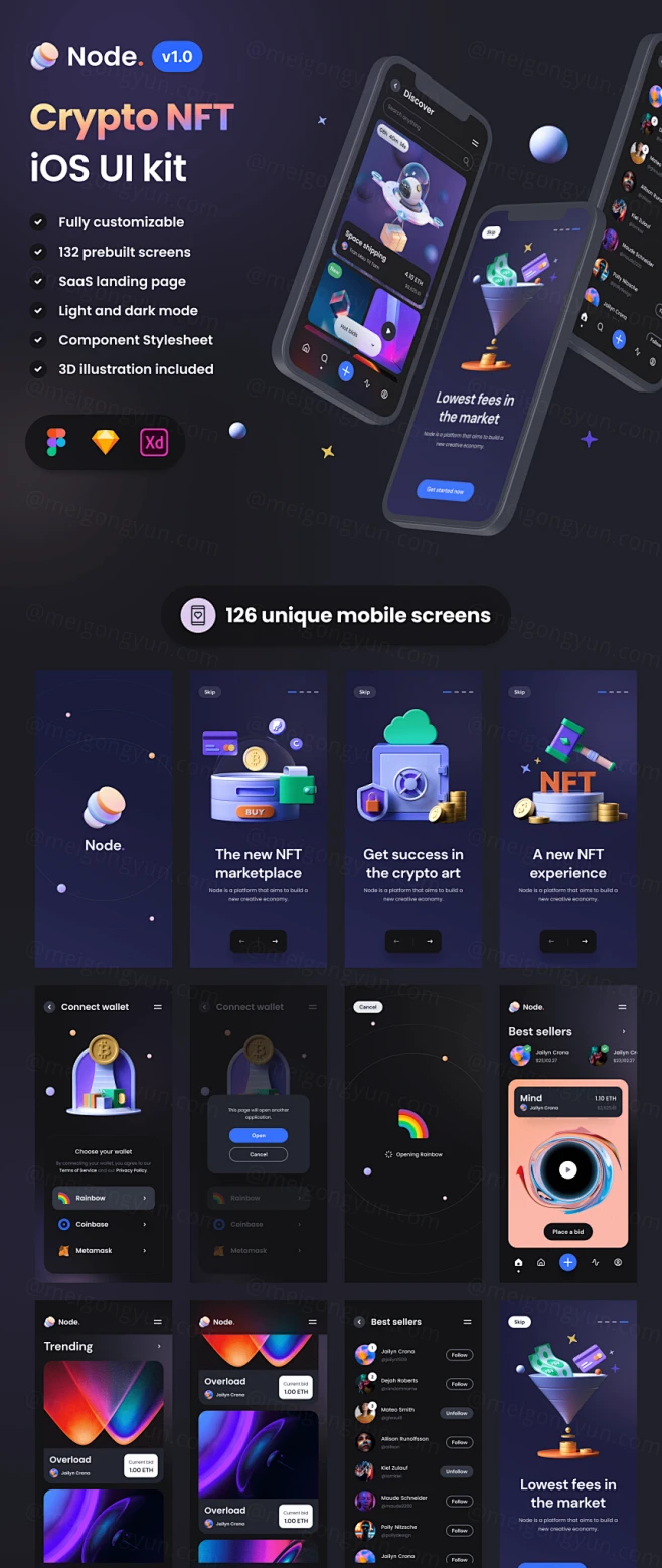 高质量热销NFT数字市场交易平台移动APP界面UI素材 Node – Crypto NFT iOS UI Kit : -花瓣网